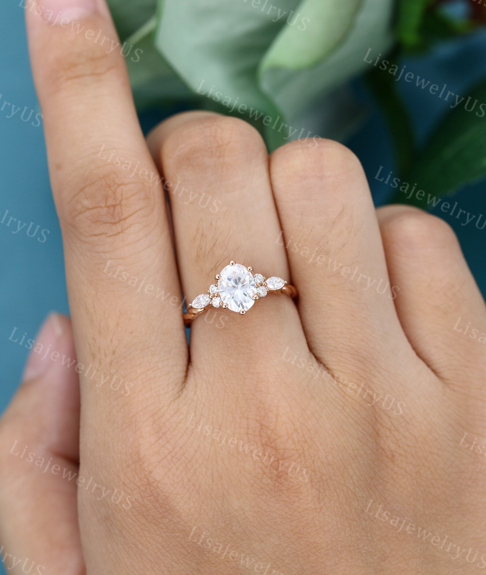 Oval Moissanite Engagement Ring Set Rose Gold Vintage Ring Set Art Deco ...