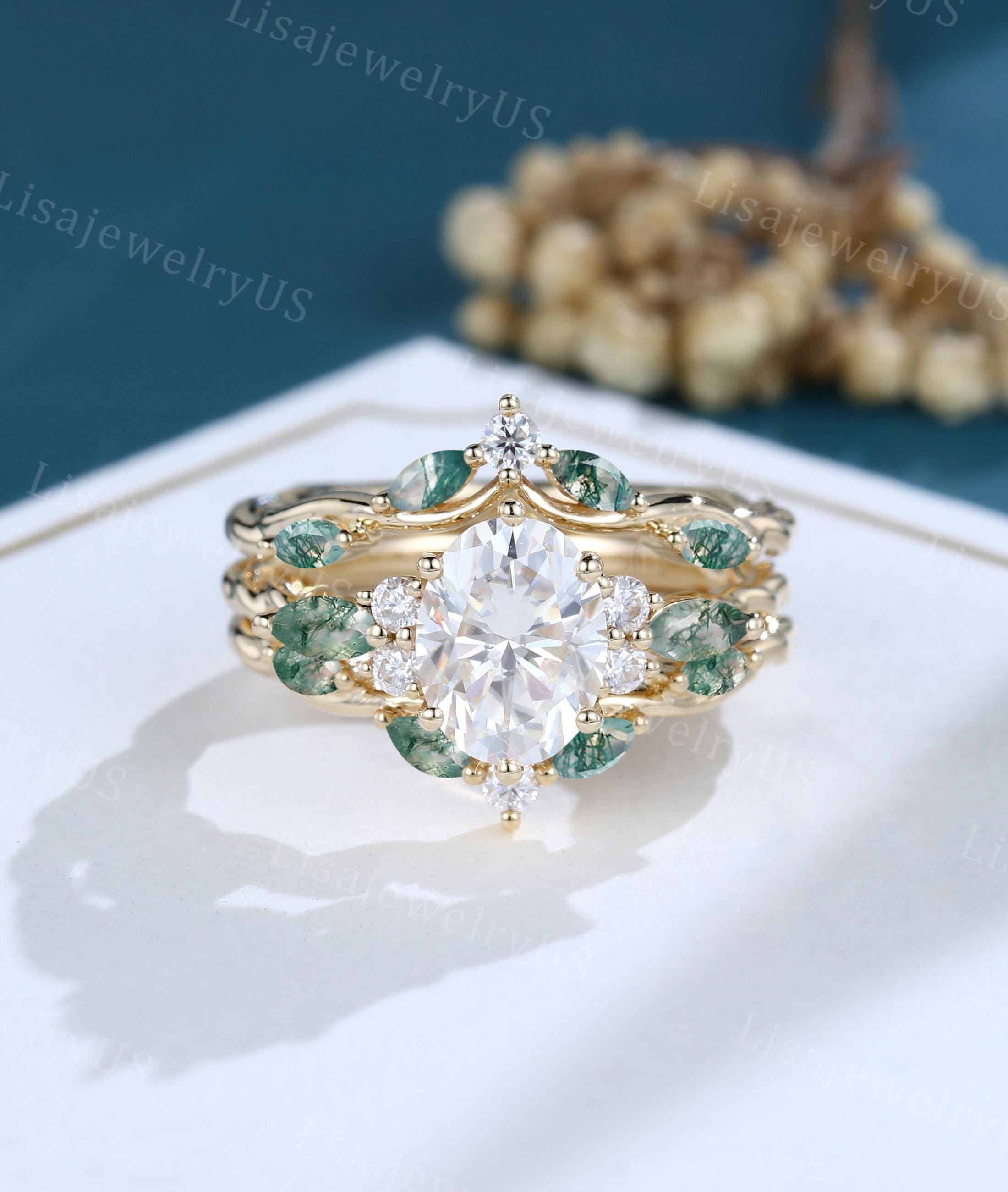 Oval Moissanite Engagement Ring Set Yellow Gold Ring Set Art Deco Solid ...
