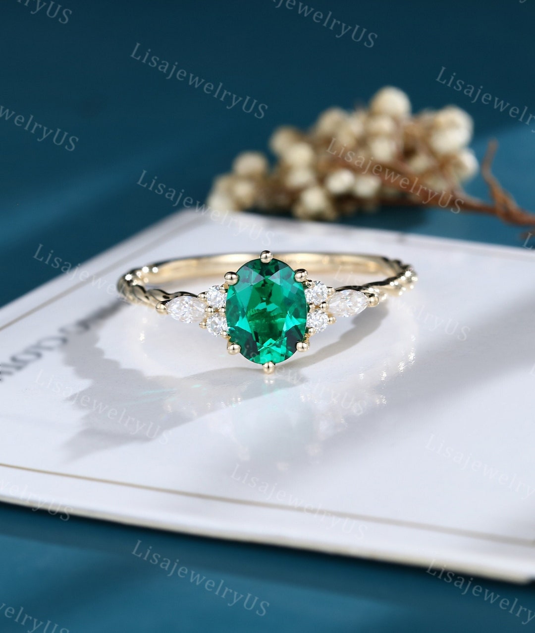 Oval Emerald Engagement Ring Vintage Engagement Ring Solid 14K Gold ...