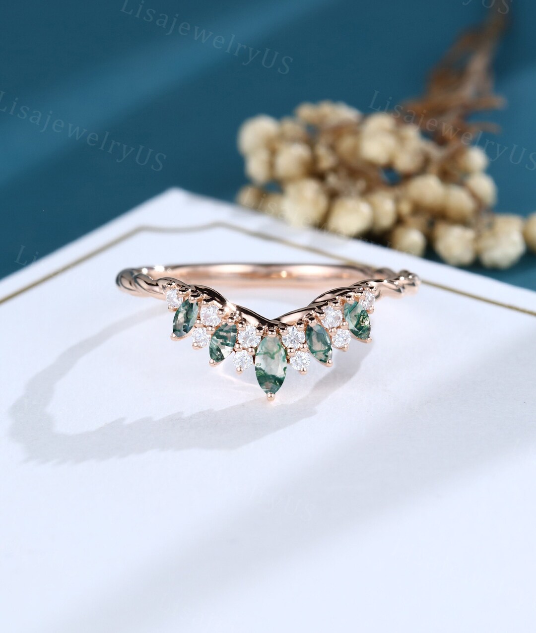 Marquise Moss Agate Curved Wedding Band Rose Gold Band Vintage Wedding ...