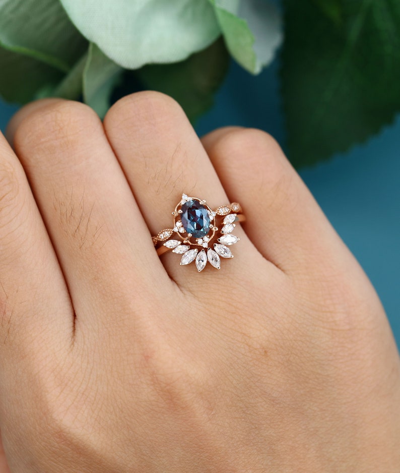 Oval Alexandrite Engagement Ring set Rose Gold vintage | Etsy