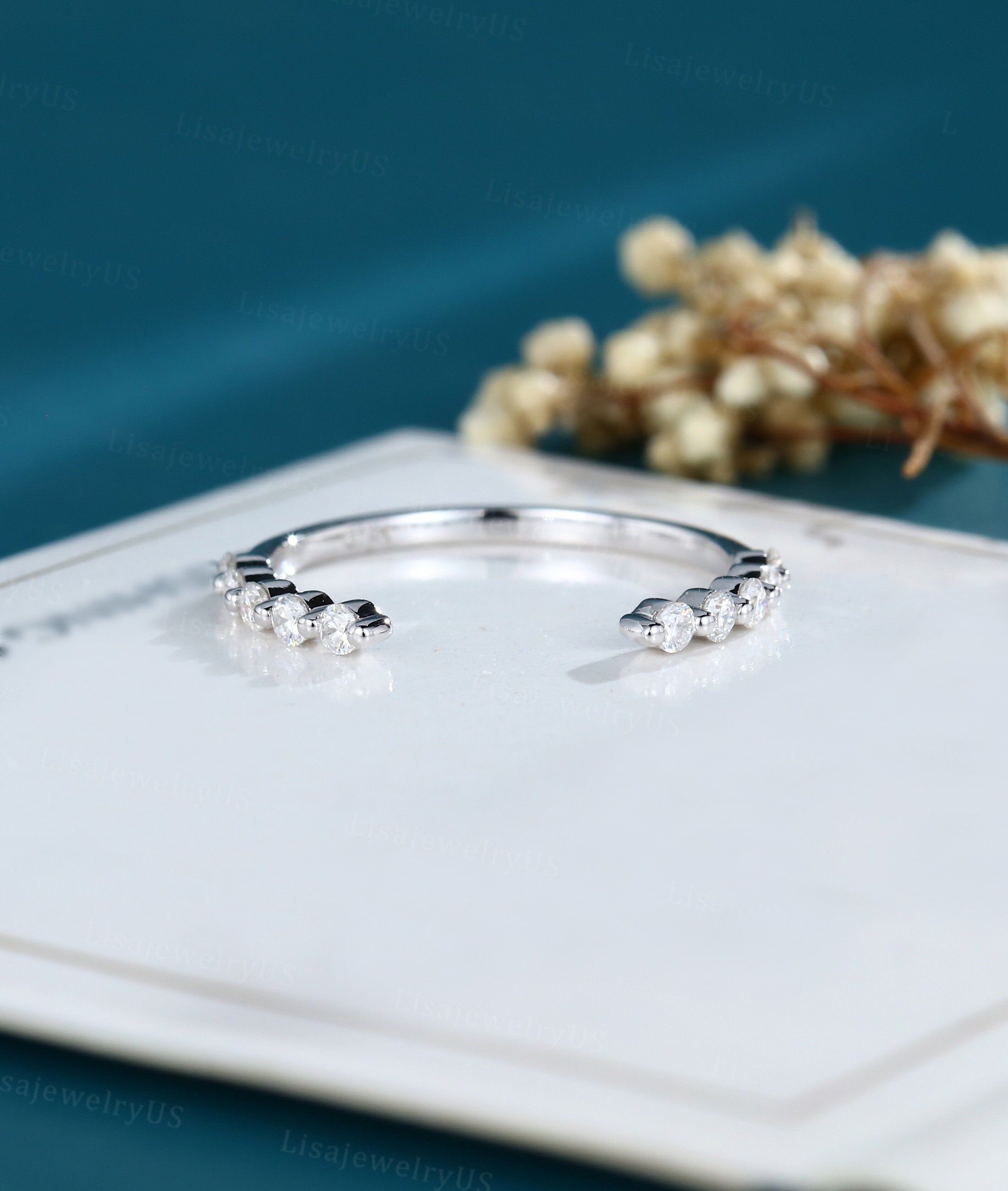 Moissanite Wedding Band Open Adjustable 14K White Gold Wedding - Etsy