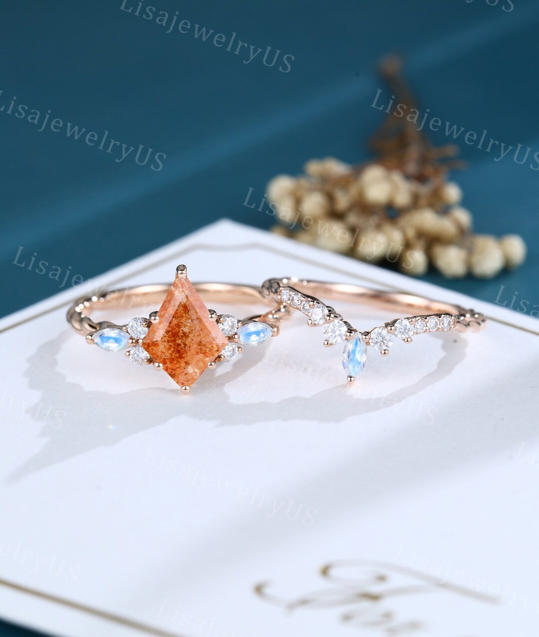 Kite Sunstone Engagement Ring Set Rose Gold Moissanite Ring Set Vintage Marquise Moonstone ...