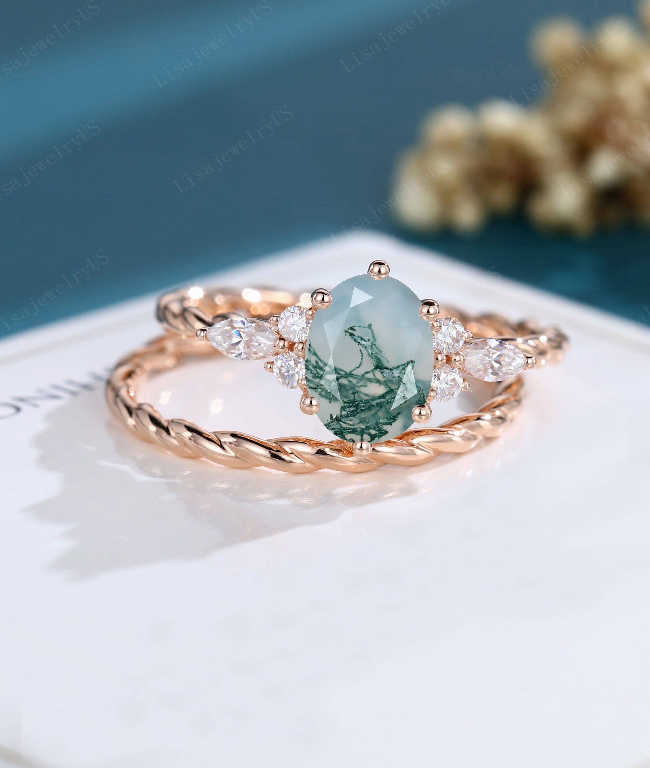 Oval Moss Agate Engagement Ring Set Rose Gold Vintage Engagement Ring ...