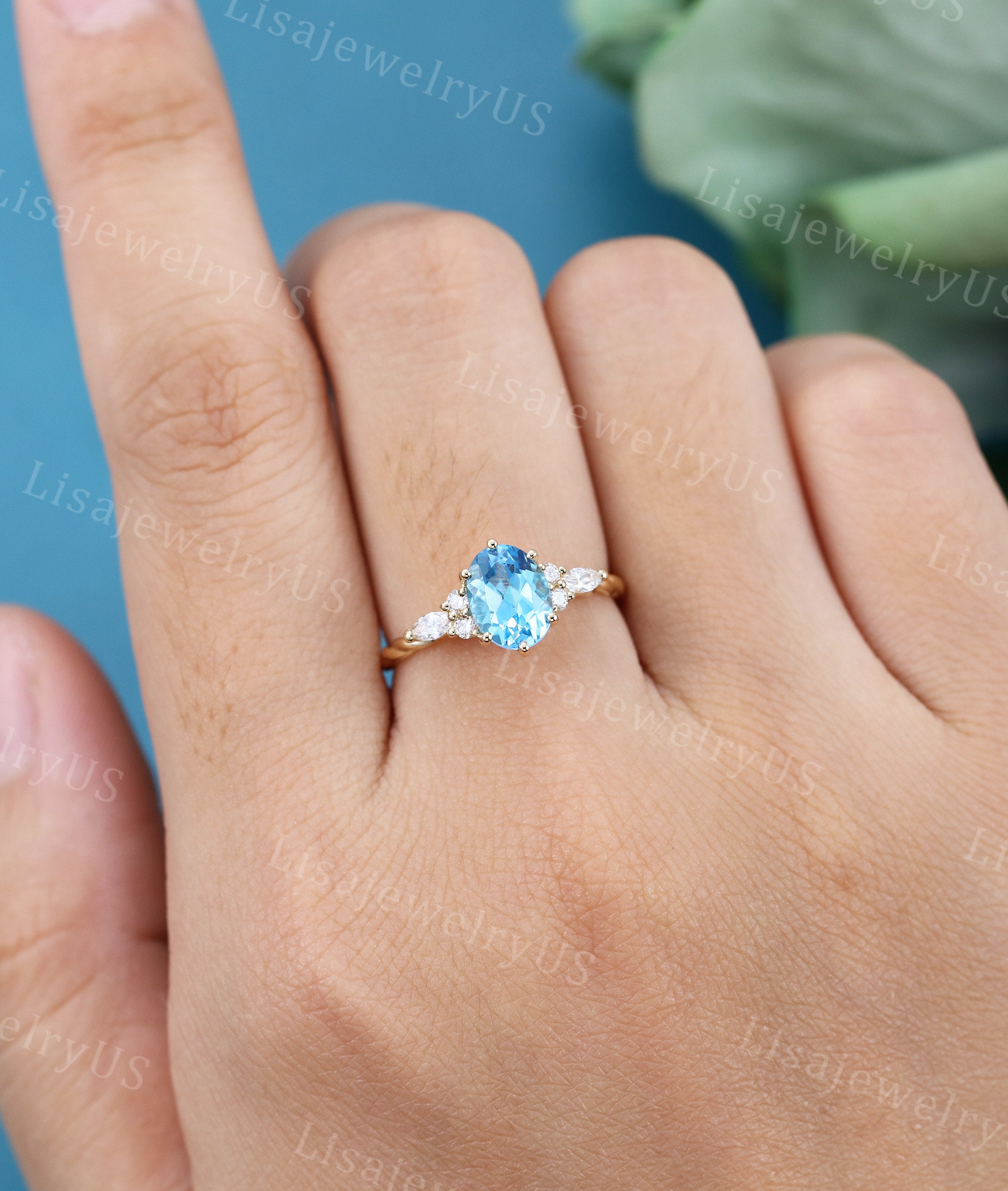 Oval Swiss Blue Topaz Engagement Ring Yellow Gold Vintage Ring - Etsy