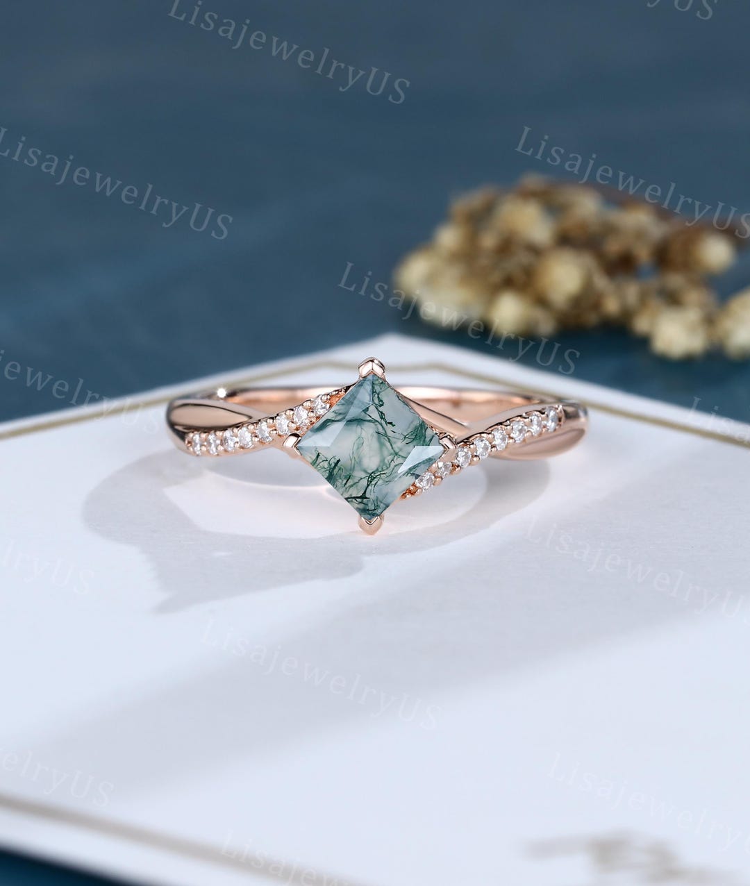 Princess Cut Moss Agate Engagement Ring Rose Gold Vintage Moissanite ...