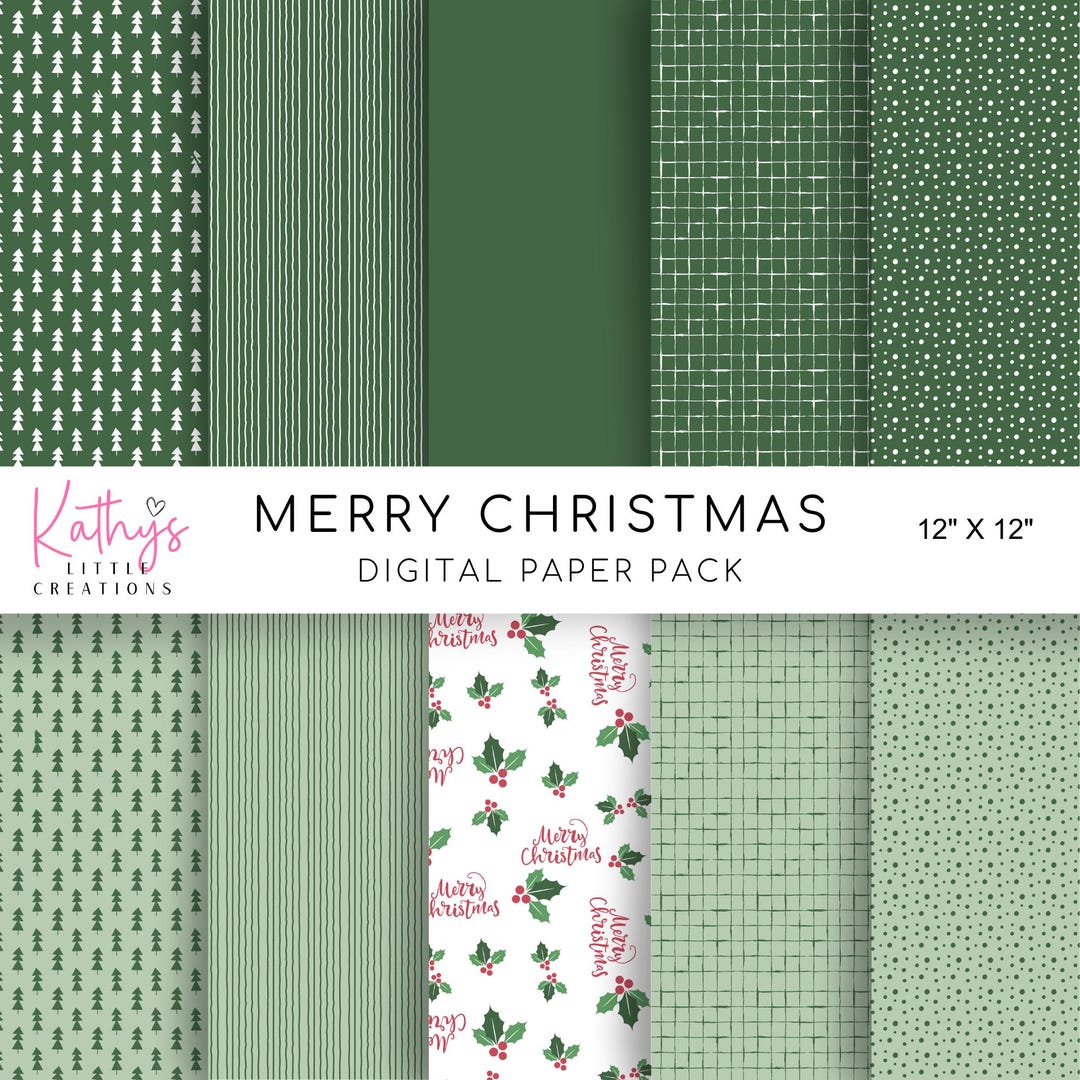 Green Christmas Digital Paper Printable Holiday Backgrounds Trees Dots ...