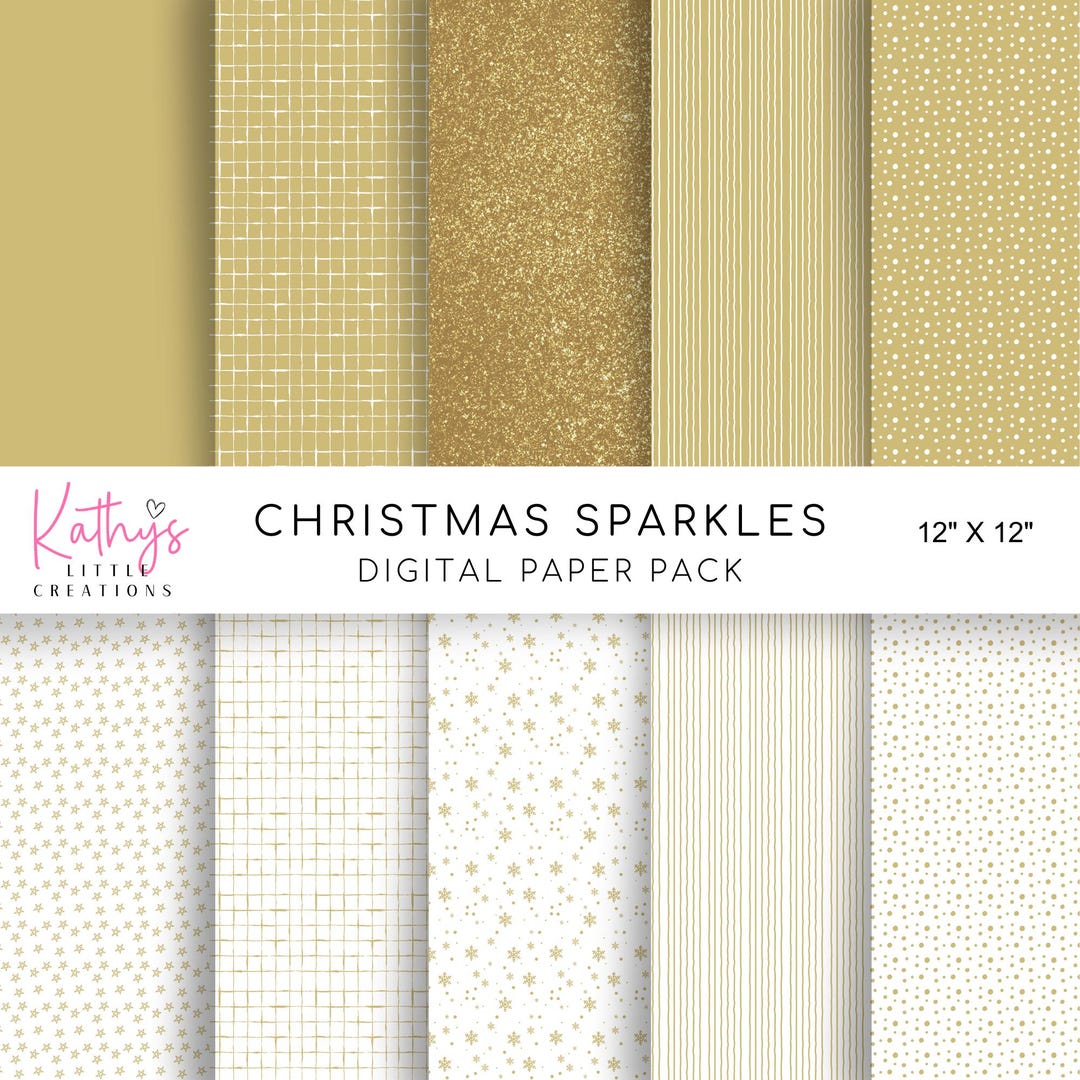Gold Christmas Digital Printable Paper Glitter Snowflakes Stars Dots ...