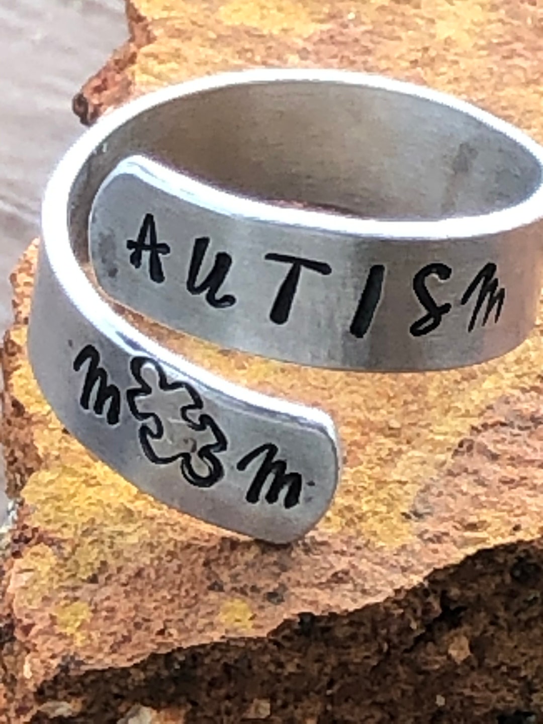 Autism Mom Wrap Ring Hand Stamped Autism Awareness Puzzle Piece Be Kind ...