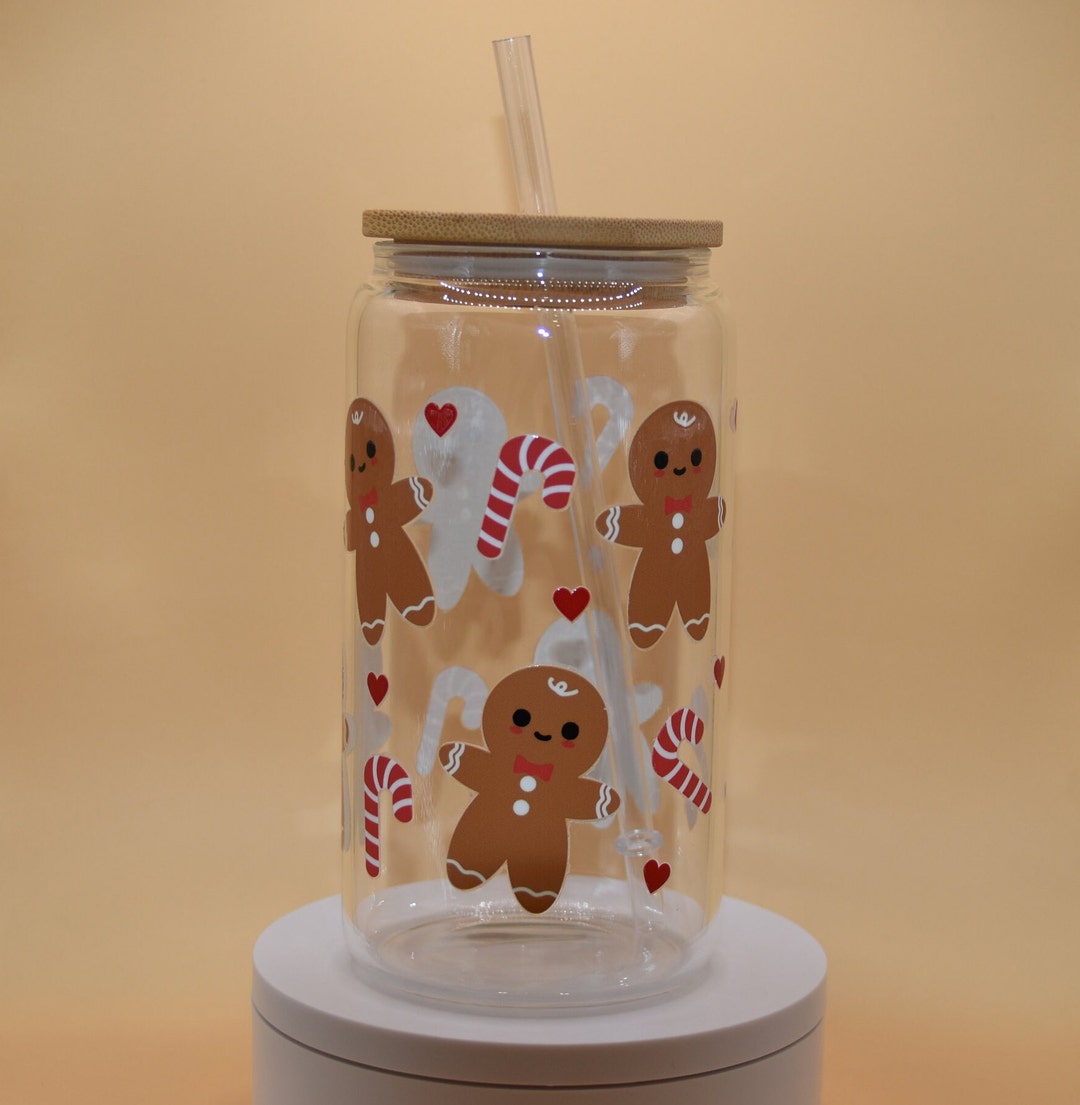 16 Oz Gingerbread Men Glass Cup With Lid and Straws Clear or Frosted ...