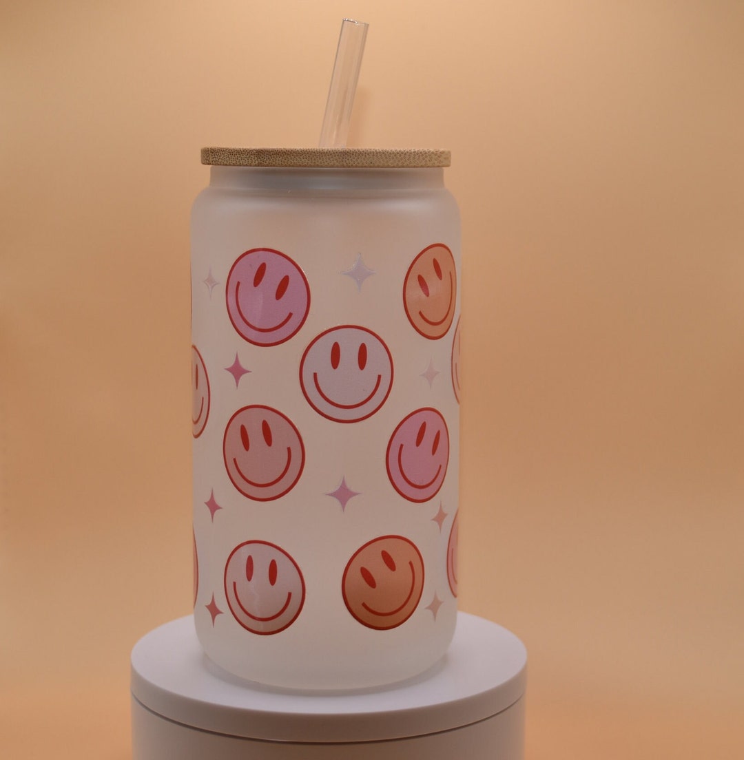 16 Oz Smiley Face Glass Cup With Lid and Straws Clear or Frosted Glass ...