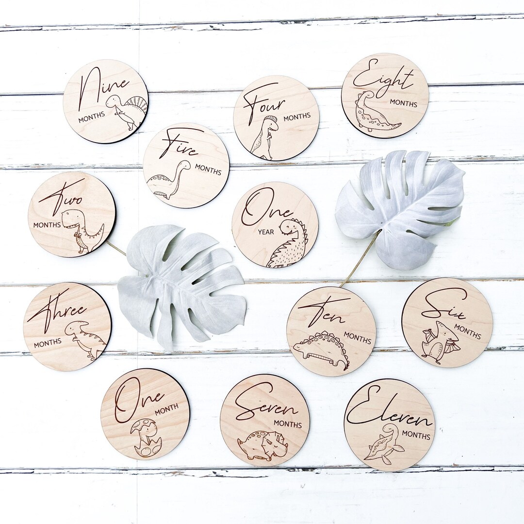 Dinosaur Wooden Baby Milestone Card & Disc Set - for Baby's Age, First ...