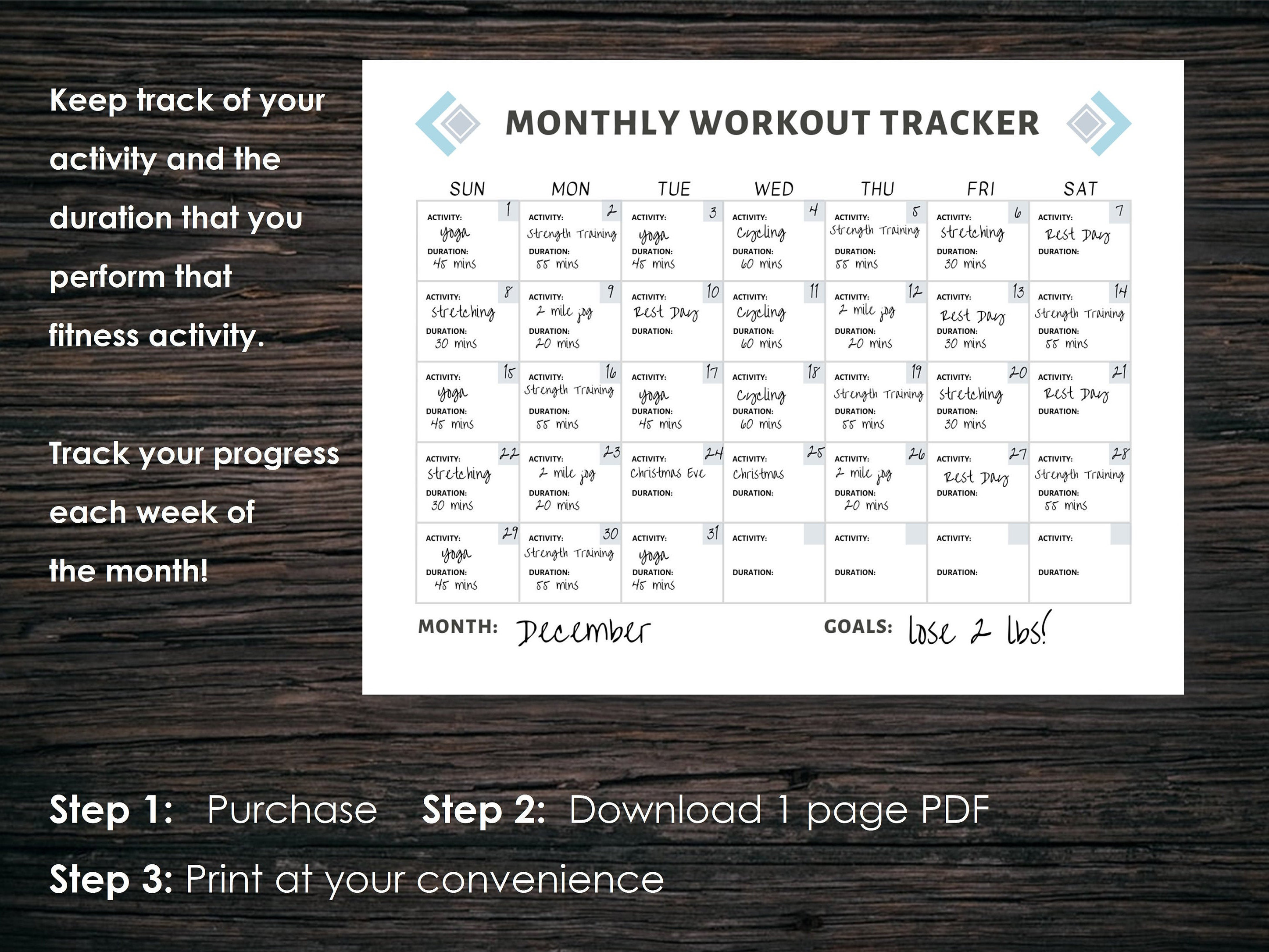 Monthly Workout Tracker, Monthly Fitness Planner, Monthly Workout ...