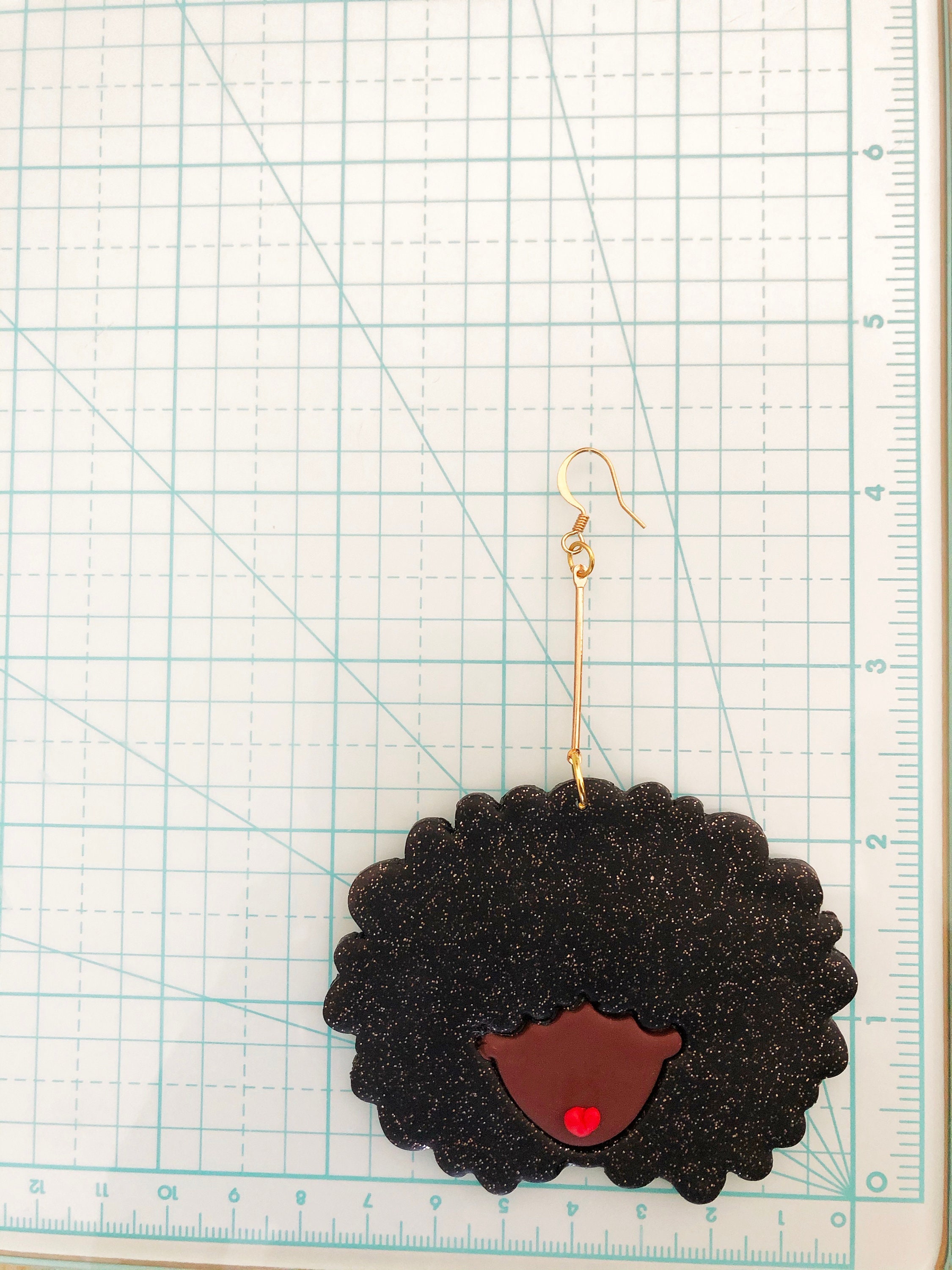 Afro Puff Earrings With Gold Glitter, Bar Connector Drop, Curly Hair ...