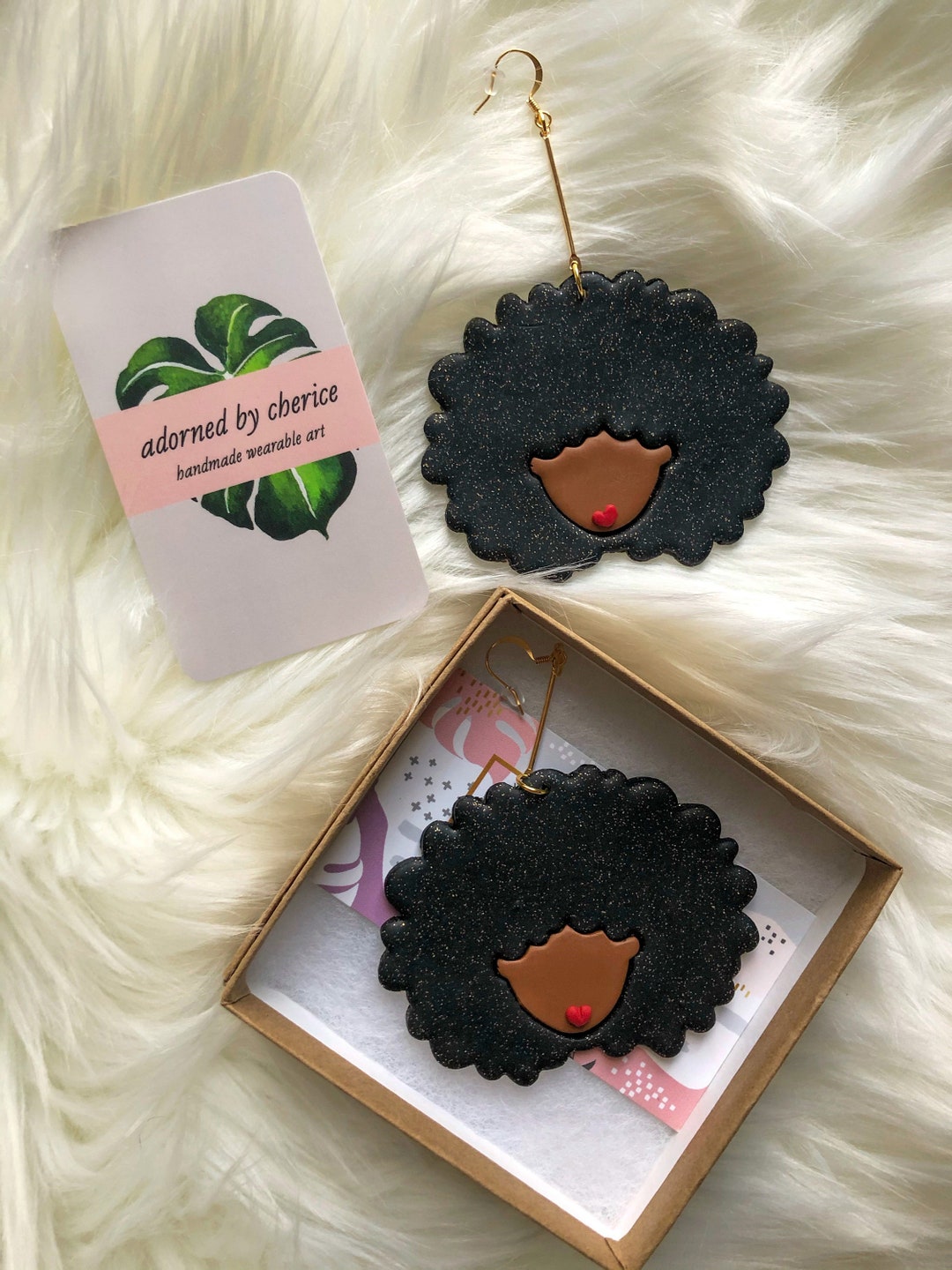 Afro Puff Earrings With Gold Glitter, Bar Connector Drop, Curly Hair ...