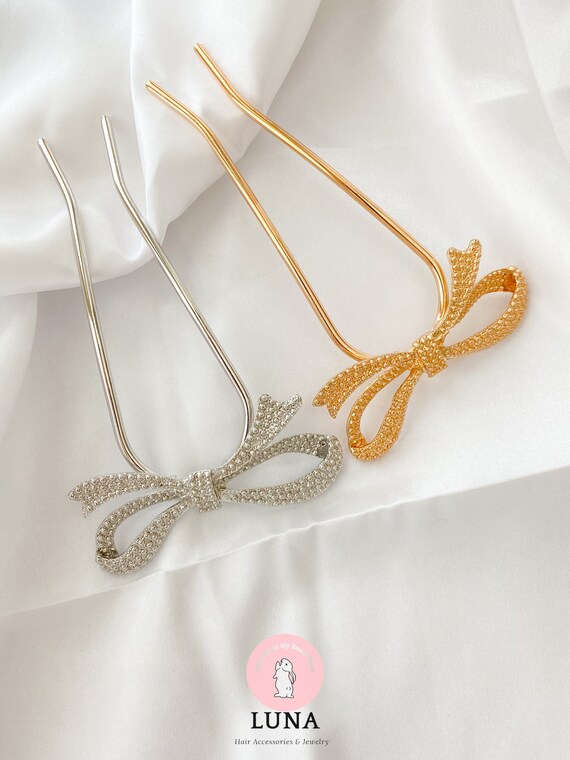 Elegant Bow U Shape Hair Fork Gold Silver Hair Accessories - Etsy