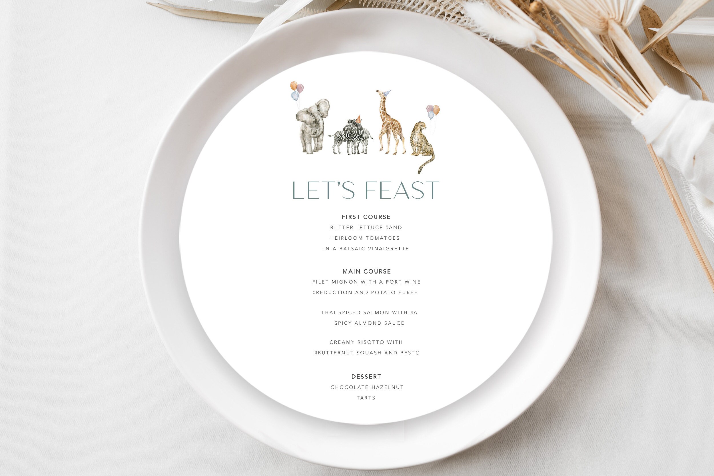 Animal Party Round Menu Template / INSTANT DOWNLOAD / Watercolor Design ...