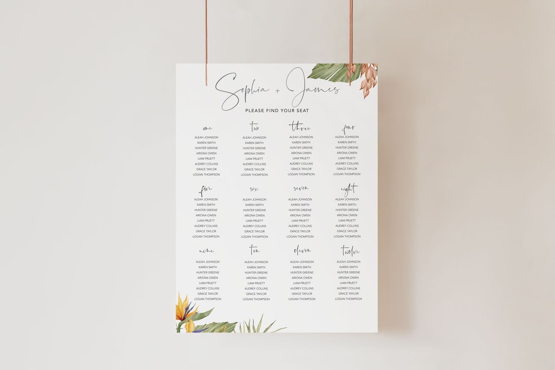 Tropical Seating Chart | Seating Chart Template | Seat Chart Wedding ...