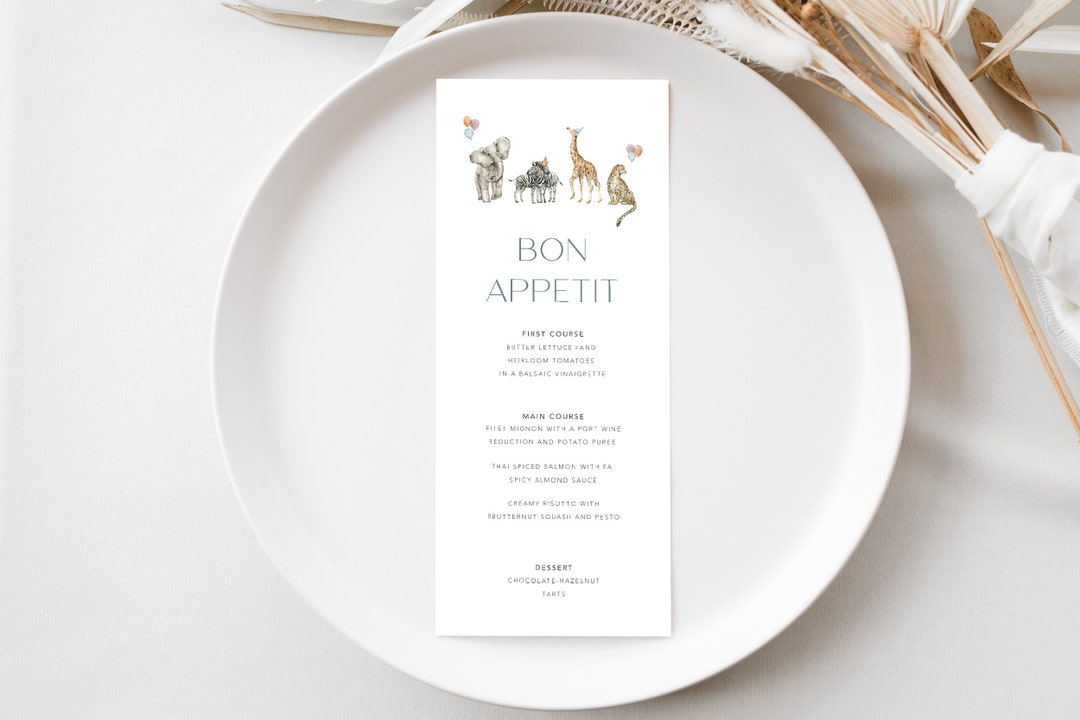 Animal Party Menu Template / INSTANT DOWNLOAD / Zoo-themed Menu ...
