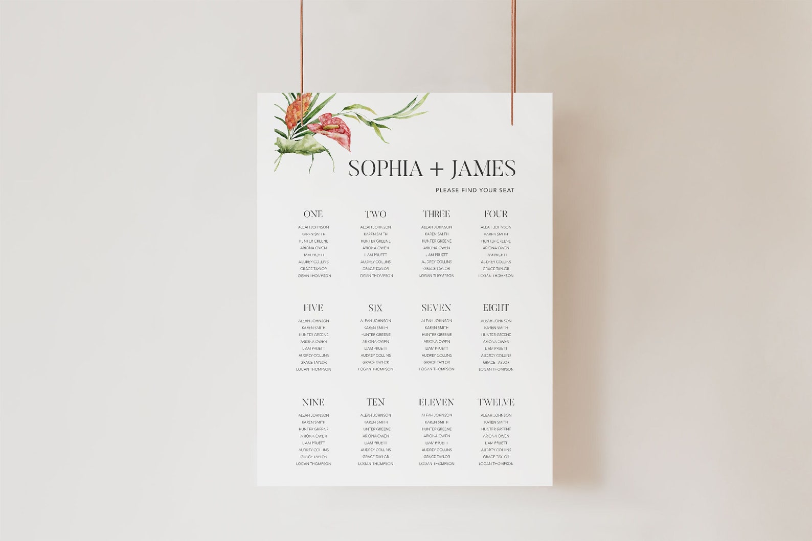 Luxe Tropical Seating Chart | Seating Chart Template | Seat Chart ...