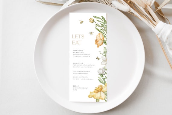 Bee Menu Template / INSTANT DOWNLOAD / Bumble Bee & Floral | Etsy
