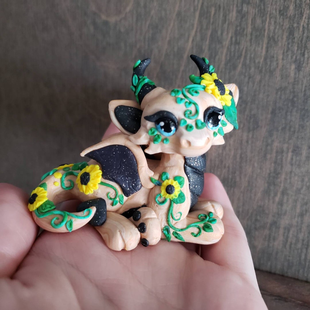 Handmade Polymer Clay Dragon 'sunbeam' Fantasy Figurine With Sunflower Designs - Etsy