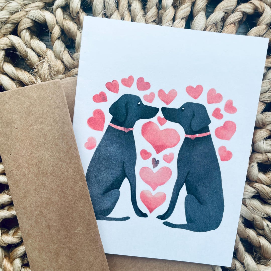 Black Labrador Valentines Day Love Card With 2 Dogs and Hearts, Black ...