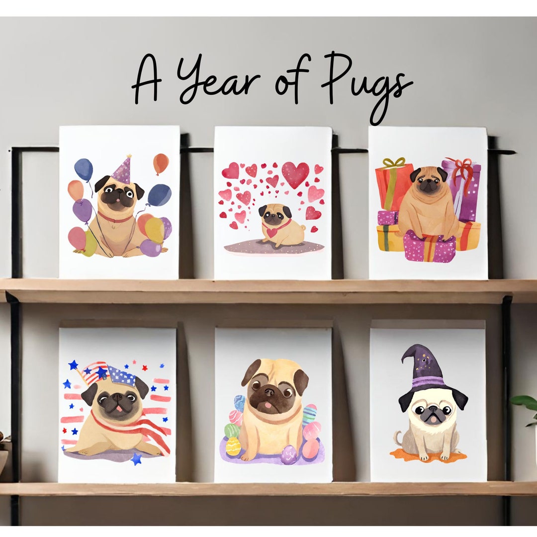 A Year of Pugs Set of 6 Pug Dogthemed Greeting Cards Gift for Pug Dog ...
