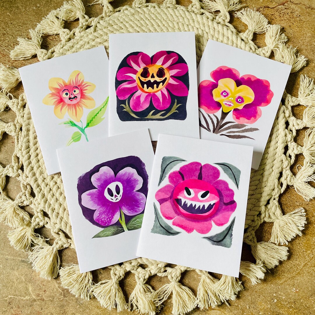 Halloween Cards: Scary Watercolor Flowers, Fall Note Cards, Set of 5 - Etsy