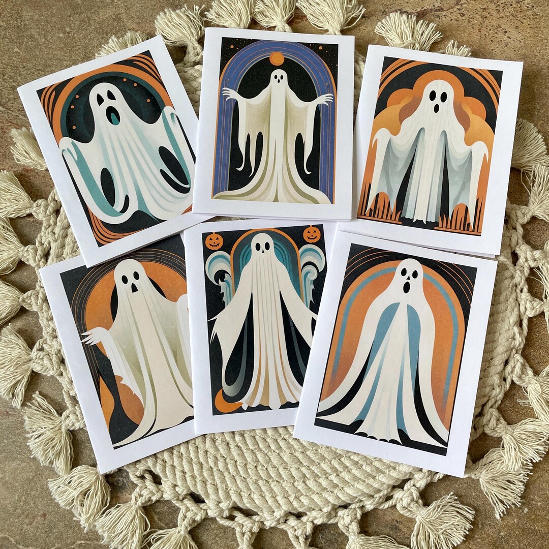Set of 6 Art Deco Style Ghost Halloween Cards - Set of Modern Halloween ...