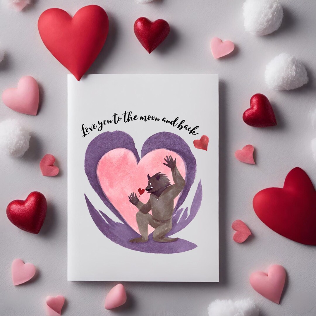 Love You to the Moon and Back Werewolf Valentines Day Card, Cute Horror ...