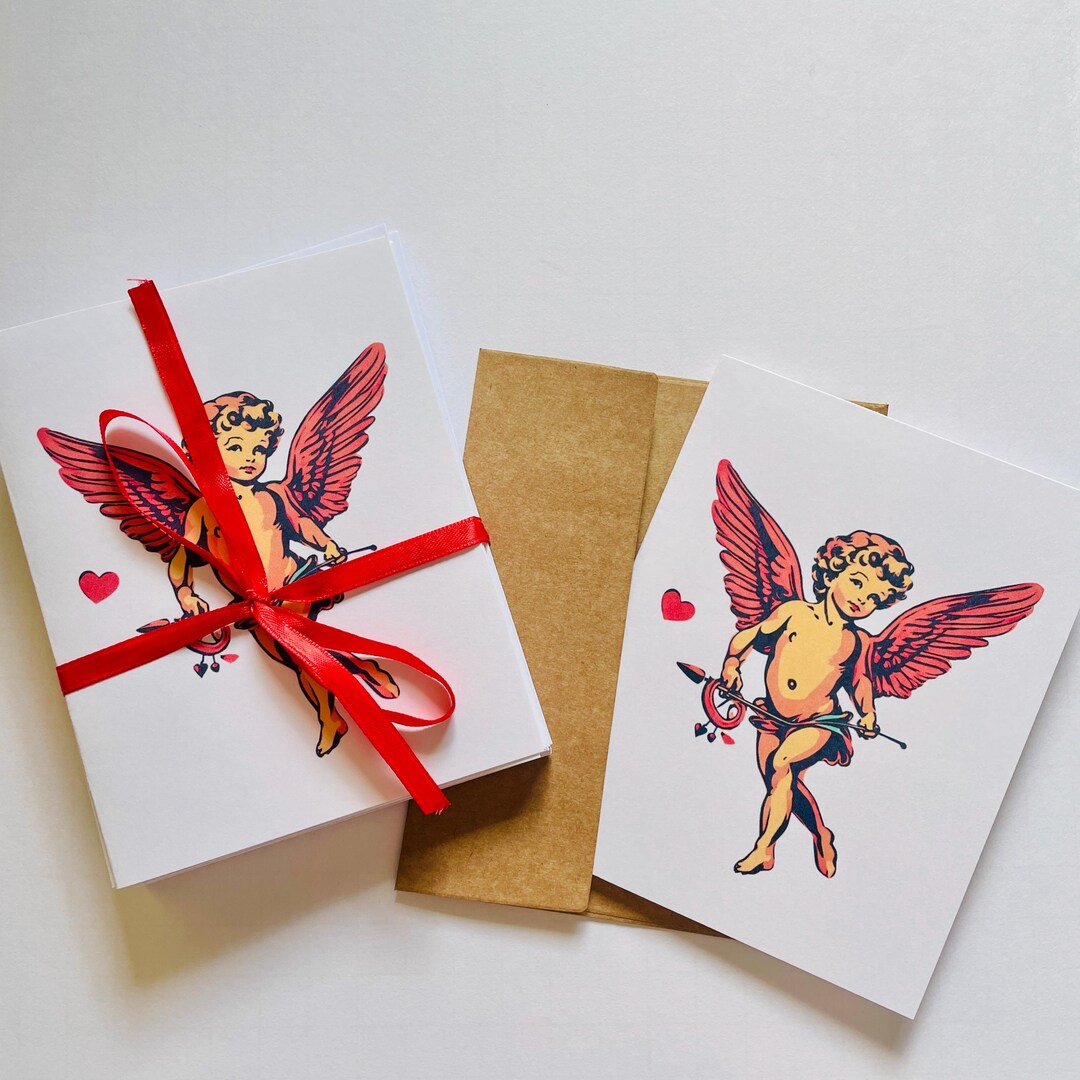 12 Vintage Style Cupid Art Valentine’s Day Folding Greeting Cards ...