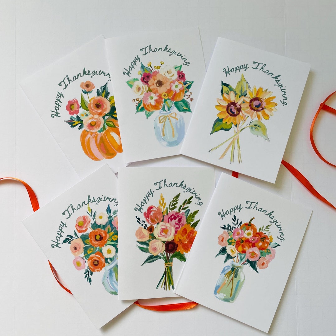 Set of 6 Floral Happy Thanksgiving Cards - Blank Inside - Fall Note ...