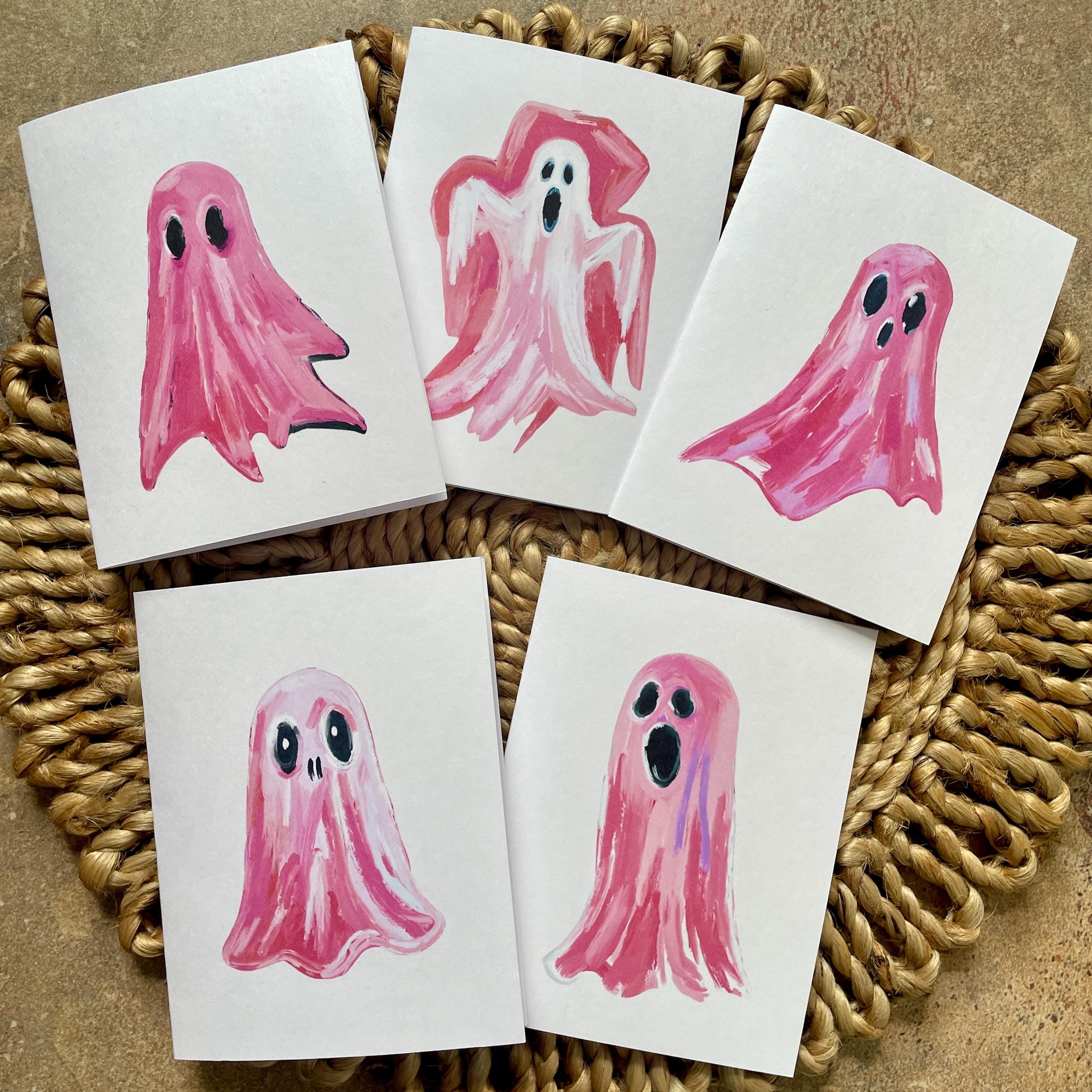 Set of 5 Pink Painted Ghost Halloween Ghost Card Set - Blank Inside ...