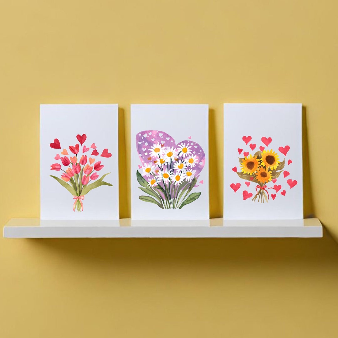 Set of 3 Flower Bouquet Valentines Day Watercolor Style Illustration ...