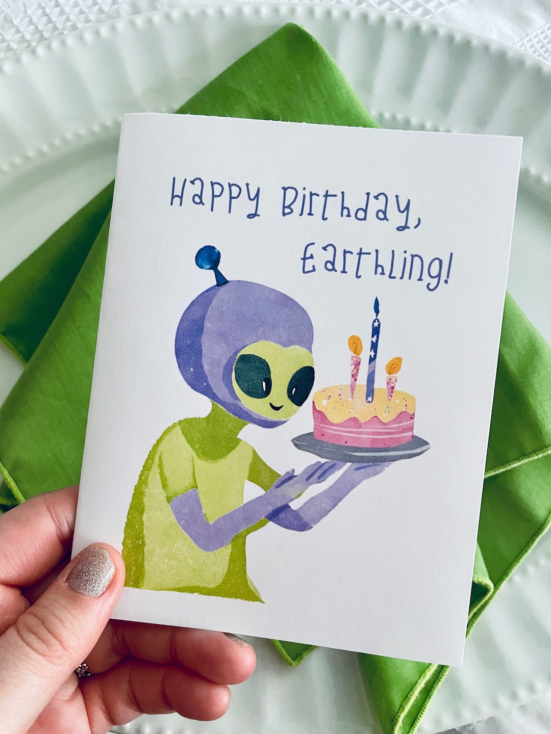 Cute Alien With a Birthday Cake Card “happy Birthday, Eathling!” Sci-fi ...