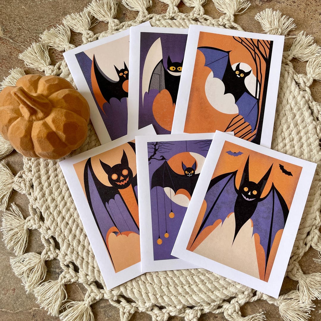Set of 6 Minimalist Bat Halloween Cards - Modern Halloween Cards ...