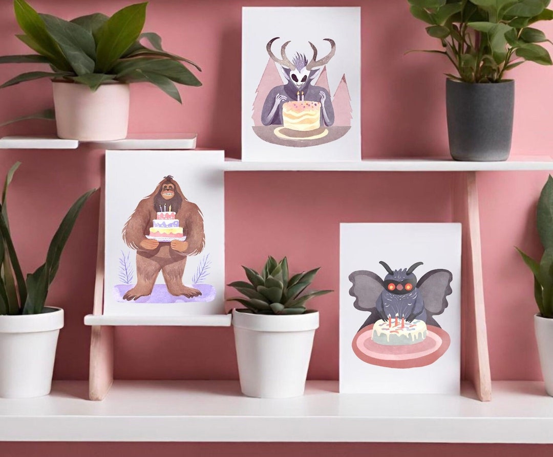 Set of 3 Cute Cryptid Birthday Cards With Big Foot, Mothman, and ...