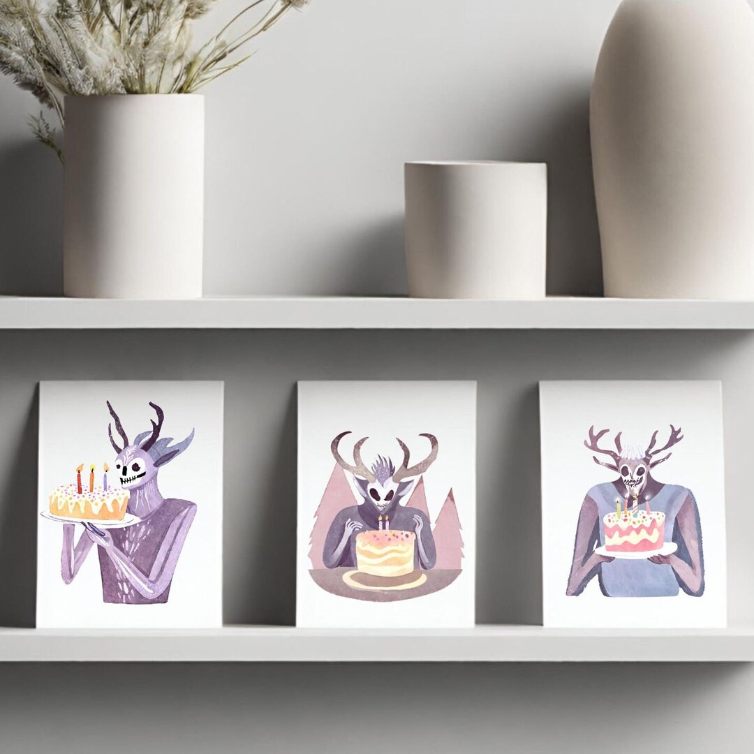 Set of 3 Cute Wendigo Cryptid Birthday Cards Wendigos With Birthday ...
