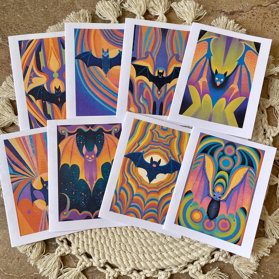 Psychedelic Halloween Bat Cards: Groovy Hippie Art, Set of 8 - Etsy