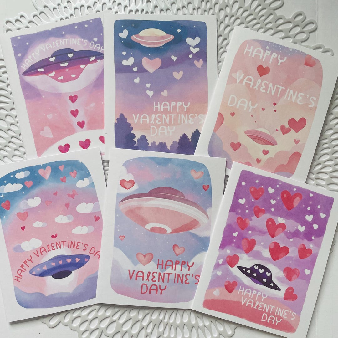 24 Cute Alien UFO Flying Saucer Full Sized Valentine’s Day Cards ...