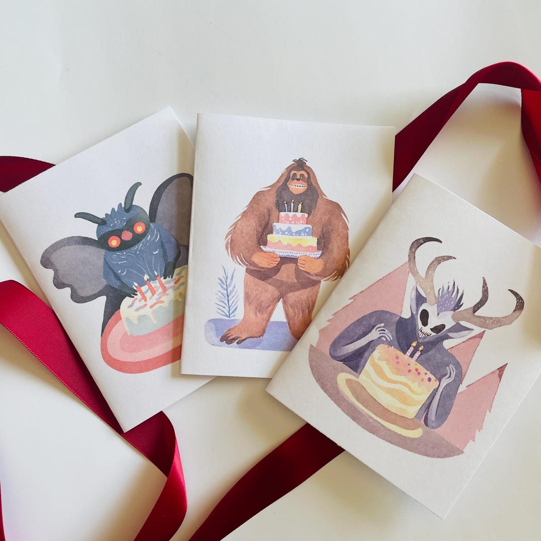 Set of 3 Cute Cryptid Birthday Cards With Bigfoot, Mothman, and Wendigo ...