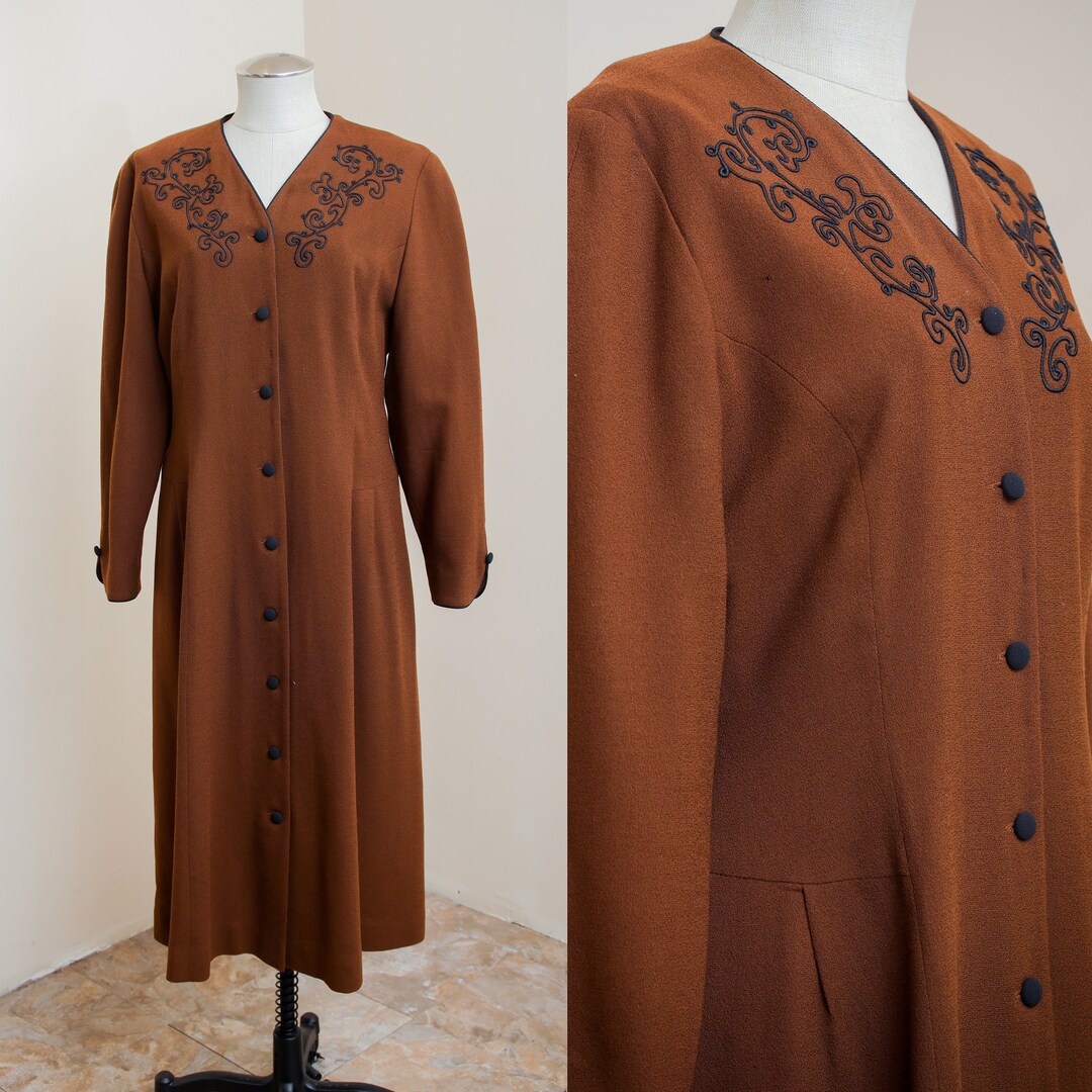 Brown Cottagecore Dress 1990s Rust Long Sleeve Midi Embroidered Button ...