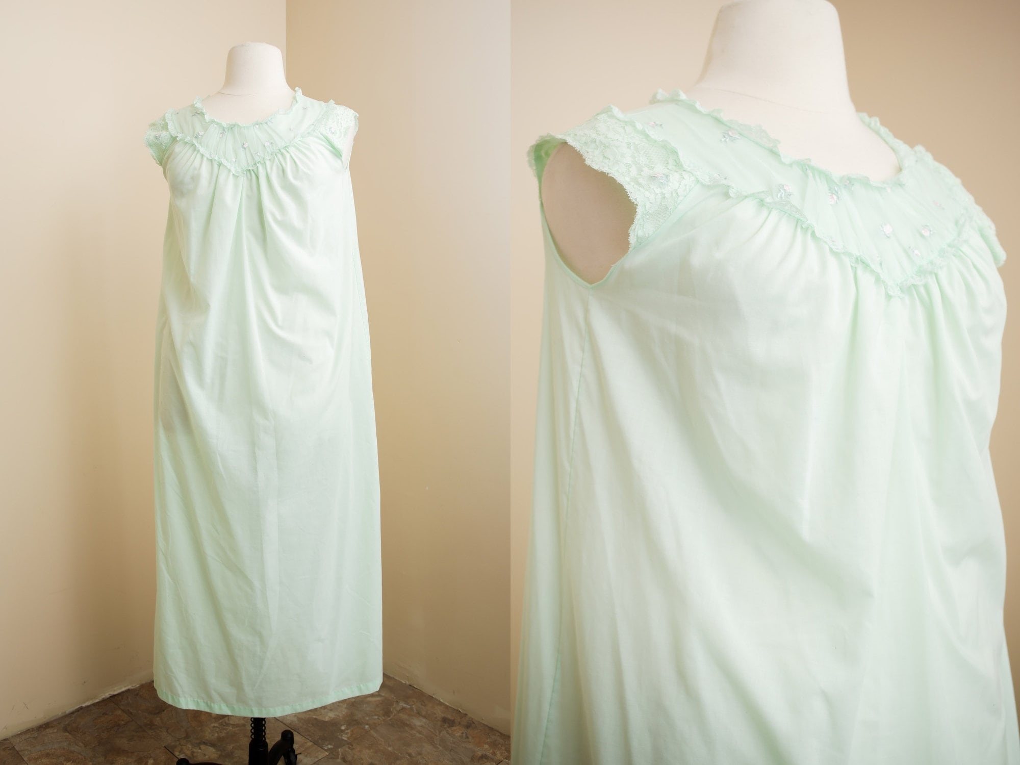 Mint Green Nightgown 1960s 70s Sears Perma Prest Lace Nightie Cotton ...