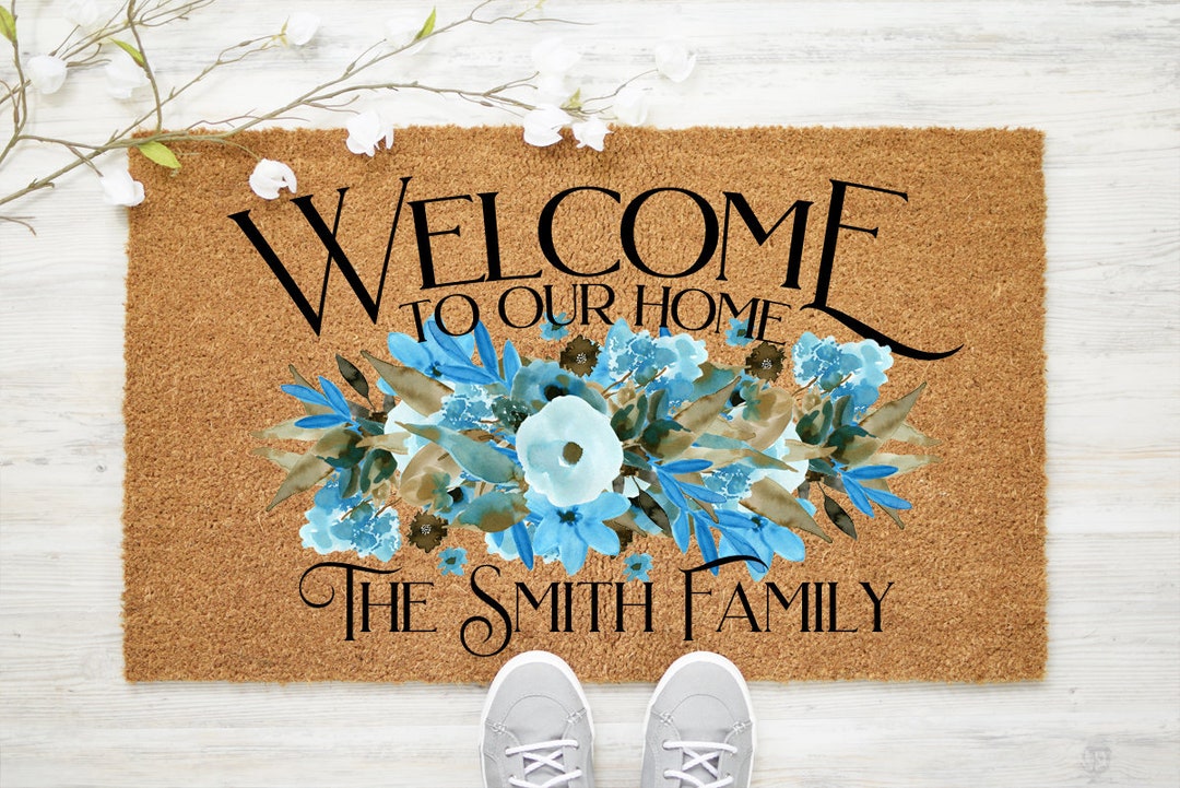 Blue Floral Doormat, Personalized Welcome Mat, Last Name Doormat ...