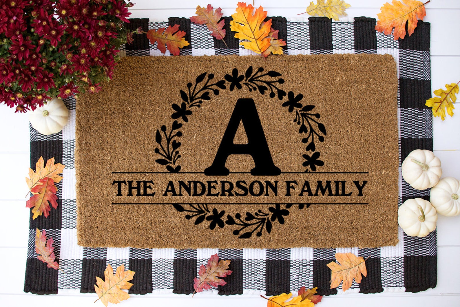 Monogram Wreath Doormat Monogram Welcome Mat Last Name - Etsy