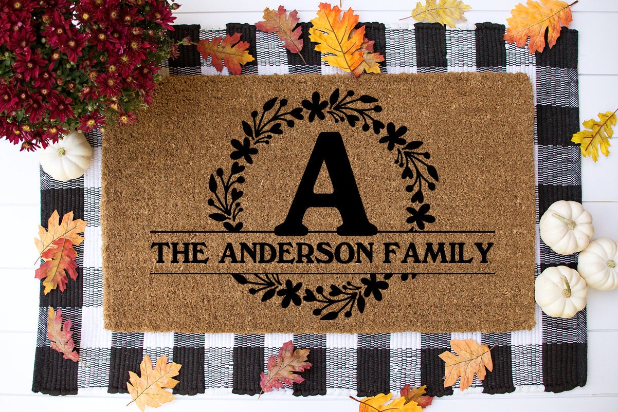 Monogram Wreath Doormat, Monogram Welcome Mat, Last Name Doormat ...