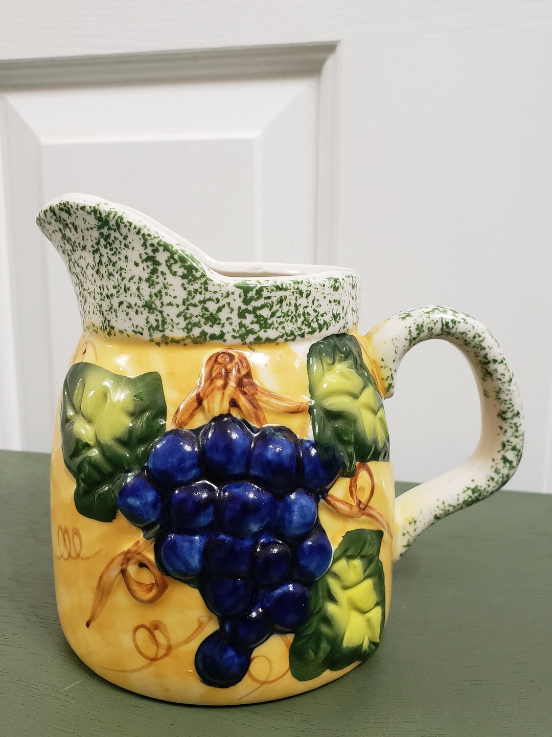 Vintage Hand Painted Panware Grape and Leaf Pitcher, Sponge Ware ...