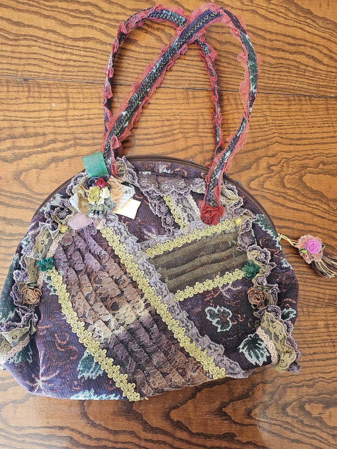 Maximalist Carpet Purse Hobo Style Lace Flower Purple Handle Bag ...