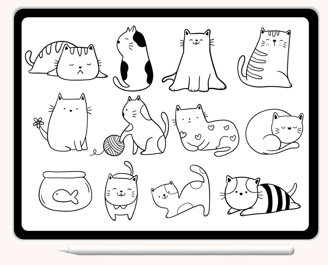 50 Cat Cartoon Procreate Stamps,cute Cat, Abstract Doodle,hand Drawn ...